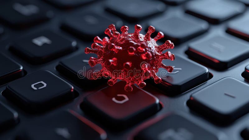 Red Virus Model Resting on a Black Computer Keyboard with Visible Keys ...