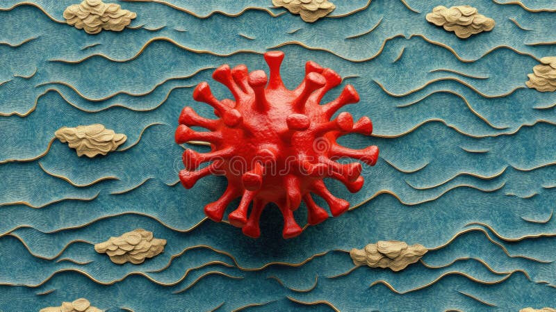Red Virus Model on Textured Blue Surface with Cut-out Clouds Background ...