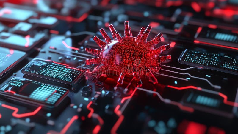 A Red Virus Symbolizing a Cyber Threat is Shown Attacking a Circuit ...