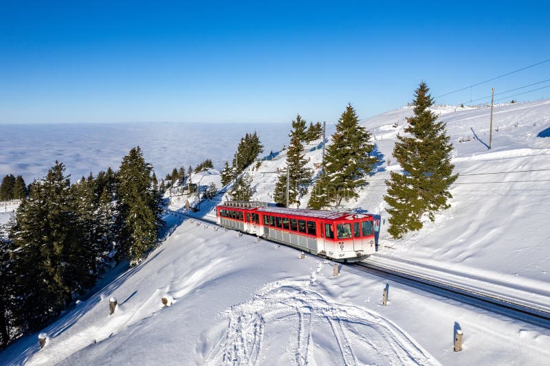 Red Vitznau Rigibahn Train on Mount Rigi Editorial Photography - Image ...