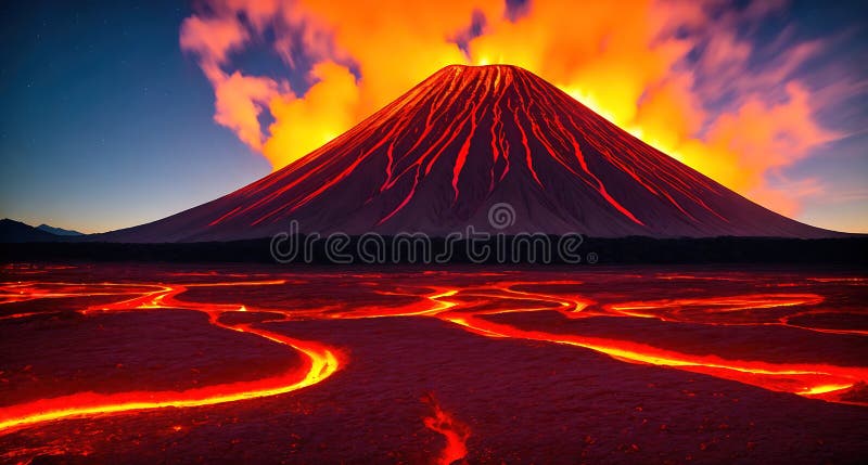 Red Volcano with Flowing Lava Stock Photo - Image of smoke, lava: 314513588