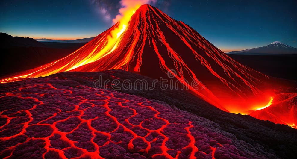 Red Volcano with Flowing Lava Stock Image - Image of mountain, eruption ...