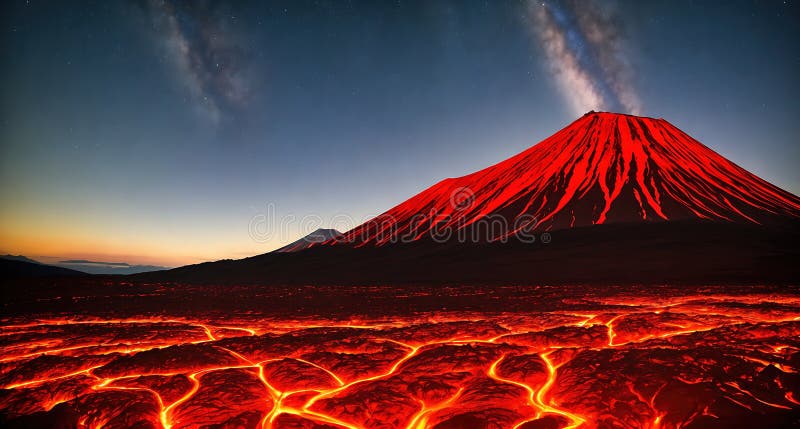 Red Volcano with Flowing Lava Stock Photo - Image of mountain, nature ...