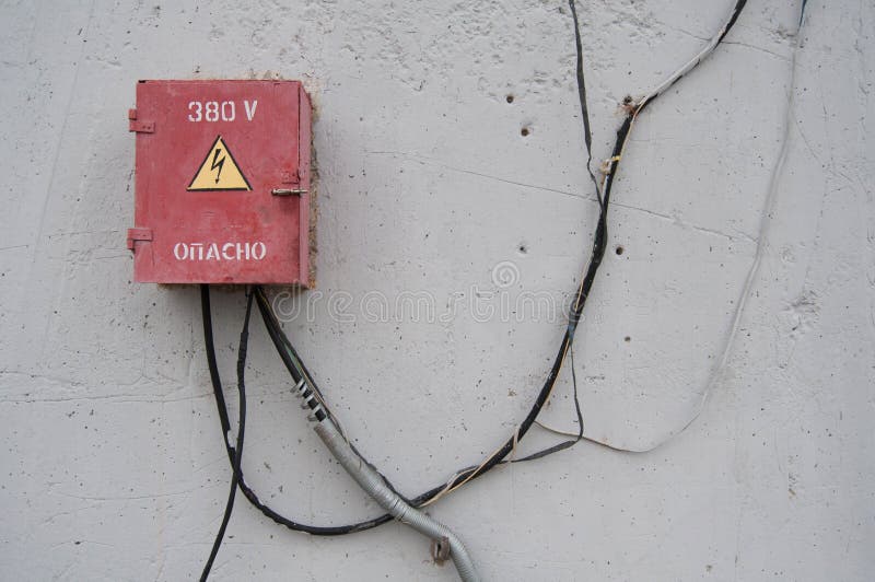 Red Voltage Switchboard with Cables on Gray Wall Stock Image - Image of ...