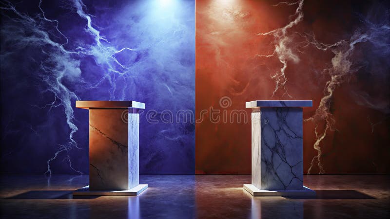 Red Vs Blue a Dramatic Confrontation on Empty Marble Pedestals a Study ...