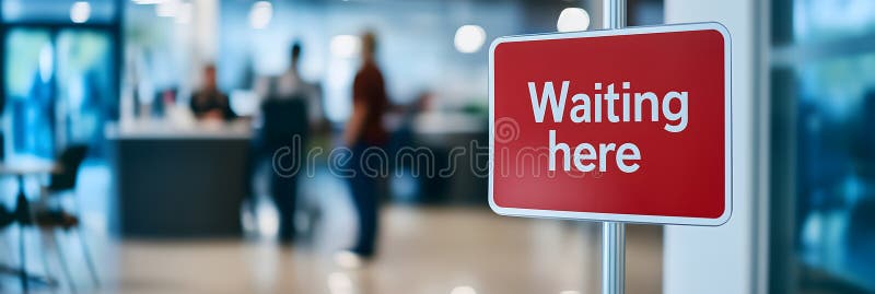 A Red "Waiting Here" Sign is Prominently Displayed in a Modern Office ...