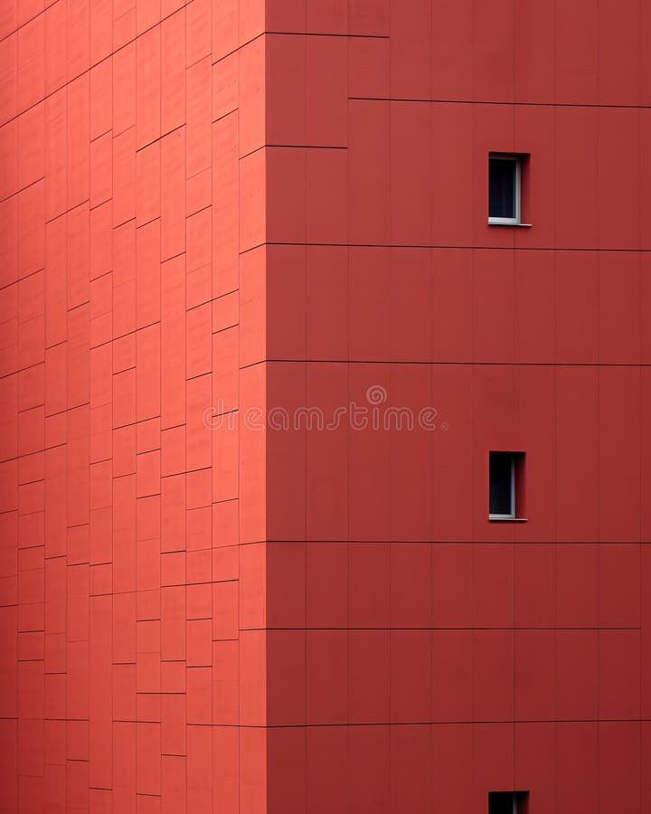 Red Wall of Building Facade with Small Windows. Conceptual Abstract ...