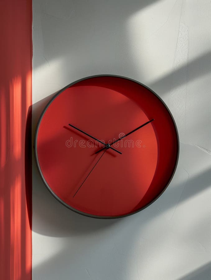 A Red Wall Clock with Shadows on a Light Gray Wall. Stock Photo - Image ...