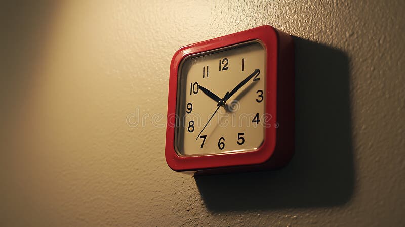 Red Wall Clock Showing Time with Shadow Effect on Surface Stock ...