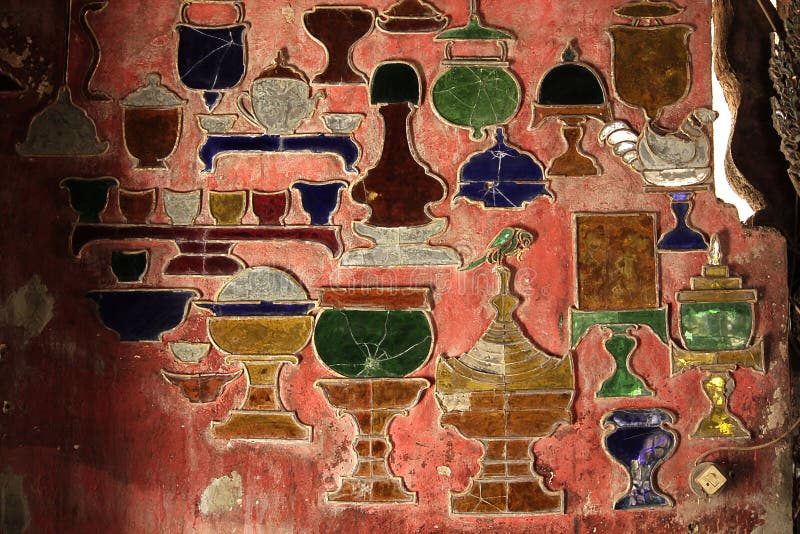 Red Wall Decorated with Multi-colored Glass. Stock Photo - Image of ...