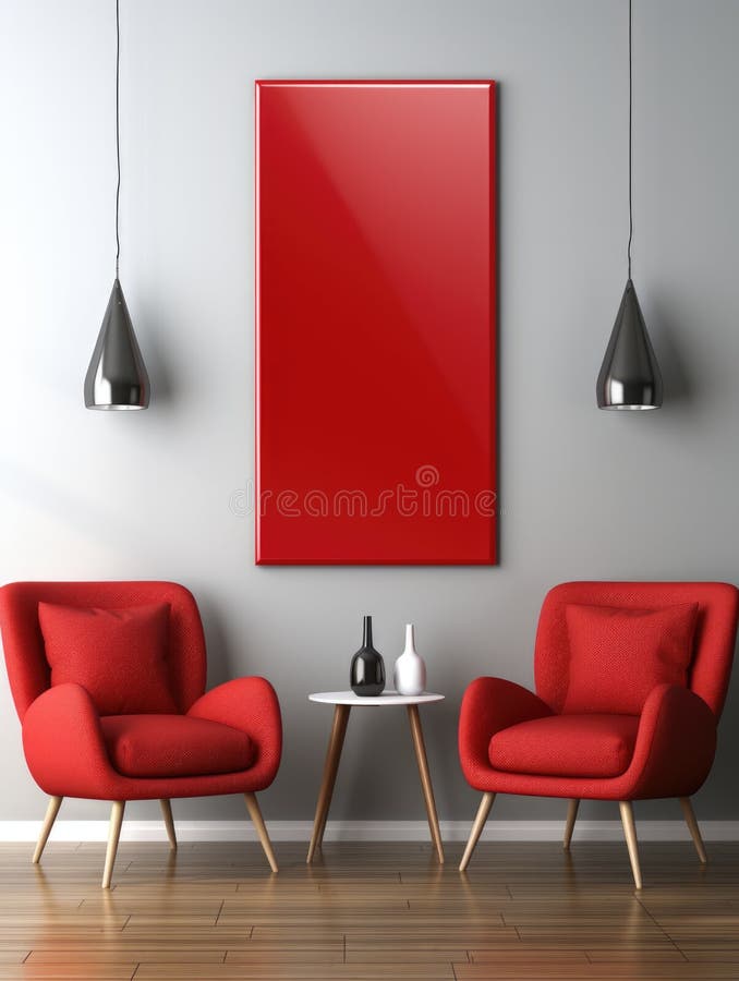 A Red Wall Hanging Above a Chair and Table, AI Stock Illustration ...