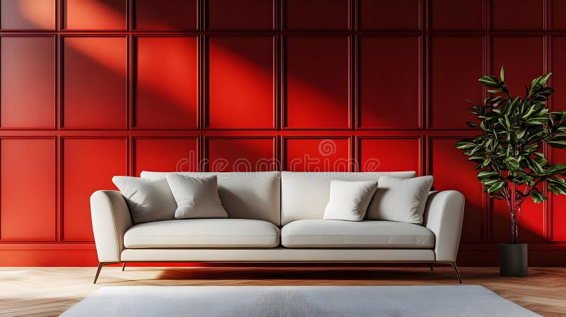 Red Wall Paneling with White Couch and Green Plant Stock Illustration ...