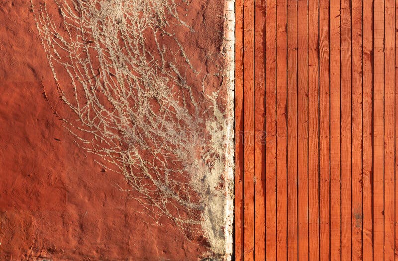 Red Wall with Plant Relief and Red Timber Boards Stock Image - Image of ...