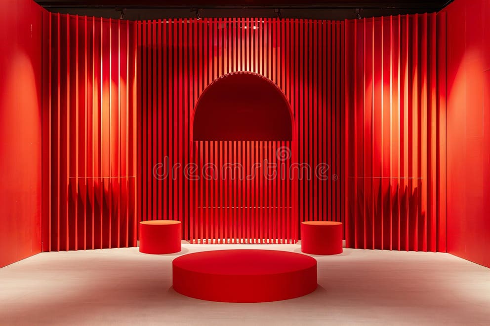 Red Wall with Striped Wall Divider and Red Rounded Stand for Display ...