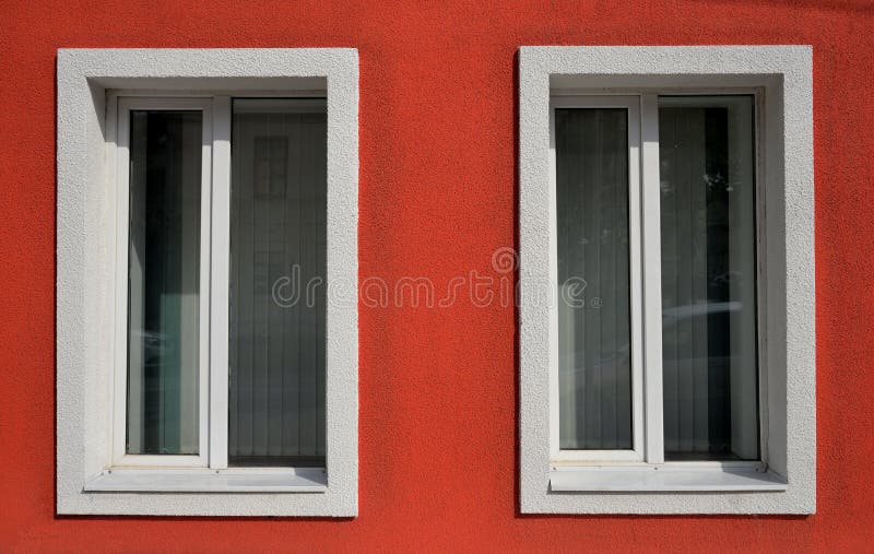 Red Wall with Two Windows with Shutters Stock Image - Image of design ...