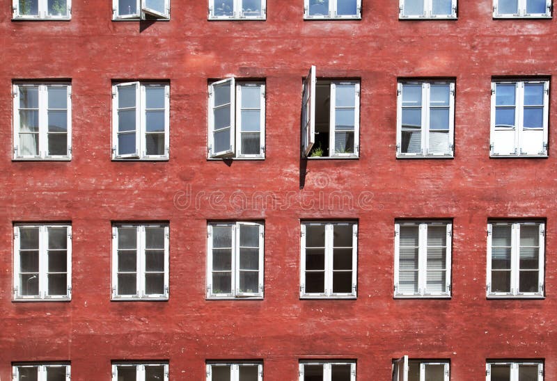 Red Wall with Windows in Copenhagen Stock Image - Image of closed, open ...
