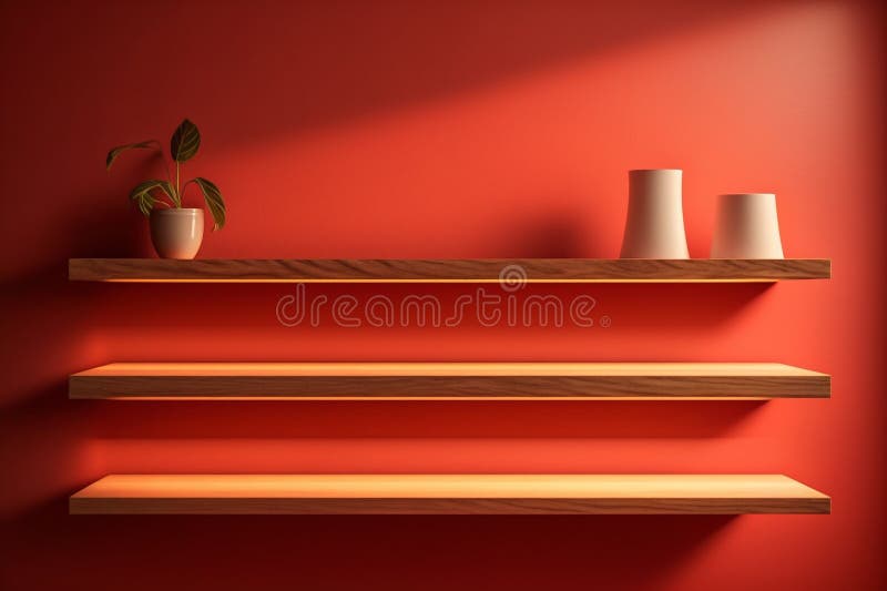 Red Wall Wooden Shelf Generative AI Stock Illustration - Illustration ...