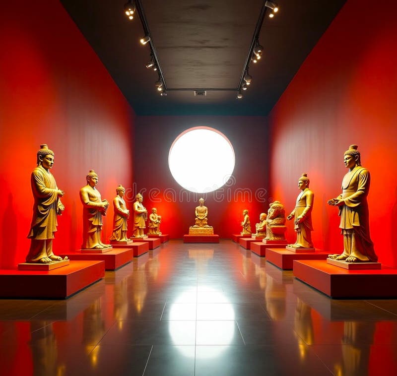 A Red-walled Museum Hall Displays an Array of Statues on Pedestals ...