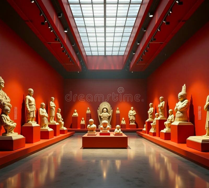 A Red-walled Museum Hall Displays an Array of Statues on Pedestals ...