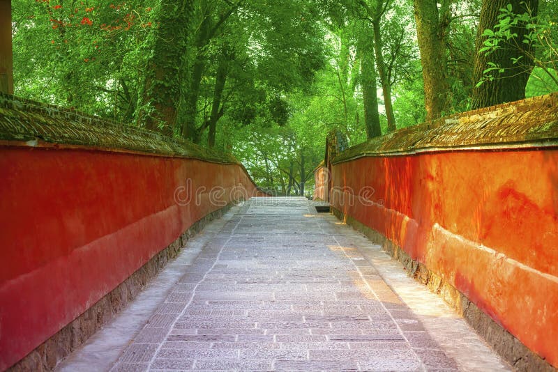 Red Walls and Stairs in Traditional Temple Stock Photo - Image of trees ...