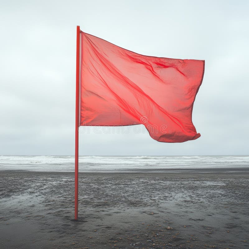 Red Warning Flag Blowing in the Wind on a Beach Ocean Landscape Stock ...