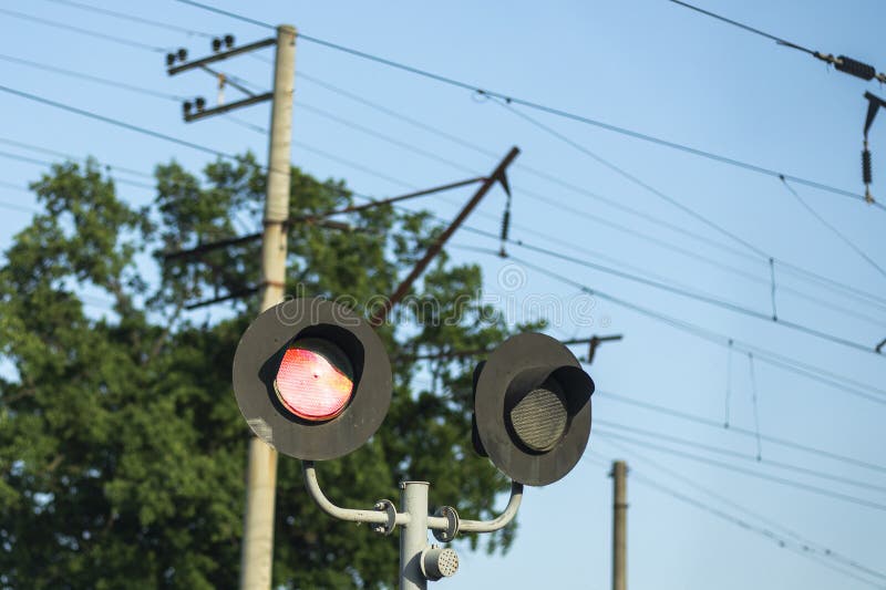 Red Warning Light of the Traffic Light during the Movement of the Train ...