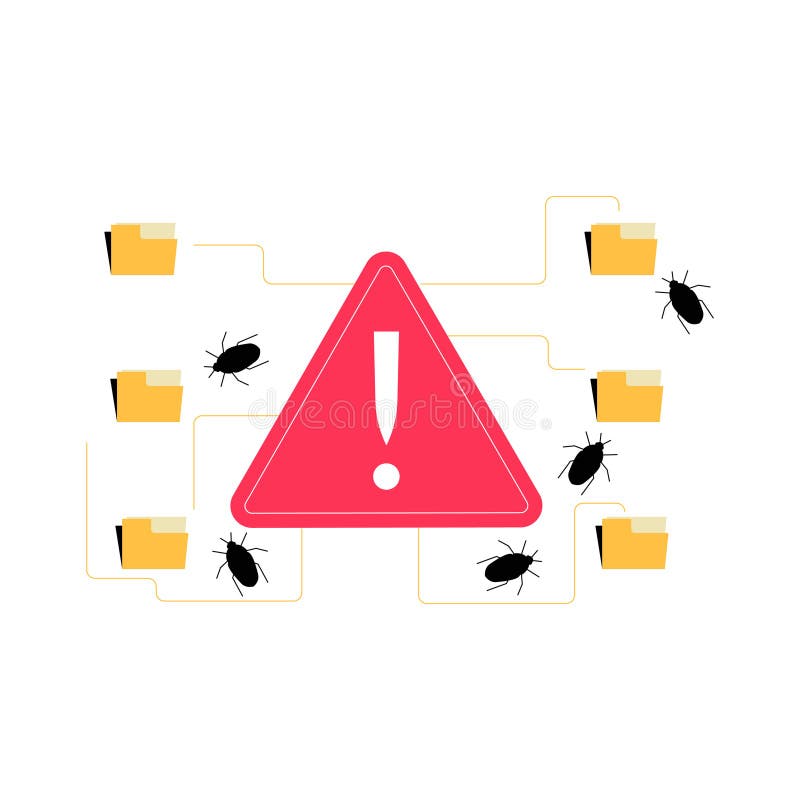 Warning Sign with Bugs and Files in Flat Vector Illustration ...