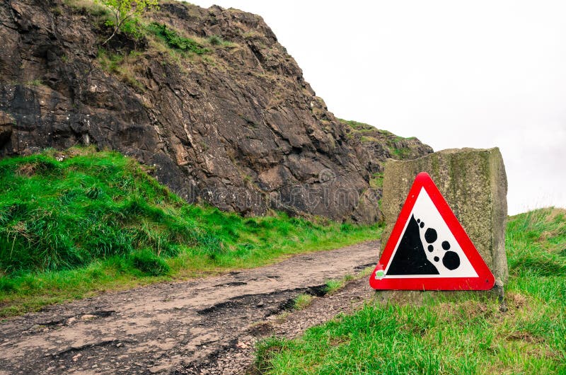 Red Warning Sign for Falling Rocks on a Hill Path in Edinburgh, Stock ...