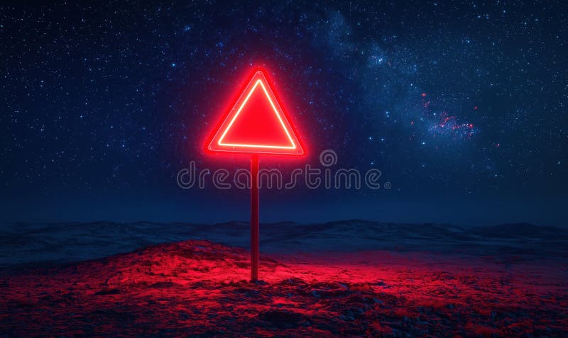 Red Warning Sign Illuminated Against Starry Night Sky in Remote ...
