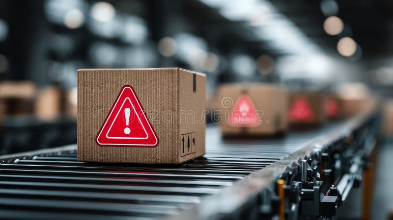 Red Warning Sign Over Cardboard Box. Safety and Security on Sorting and ...