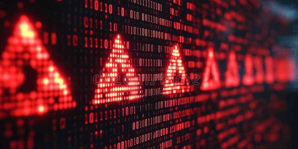Red Warning Symbols Emerging From A Digital Stream Of Binary Code