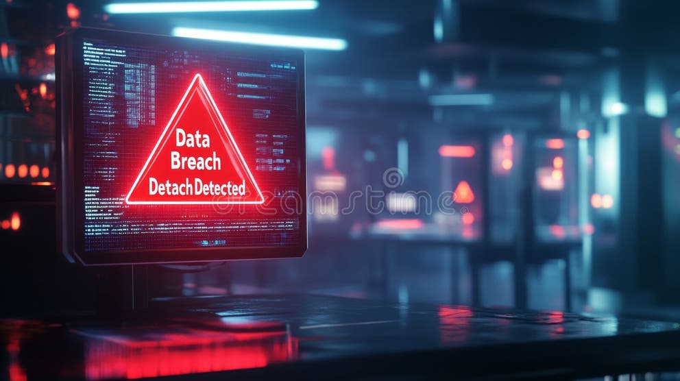 Red Warning Triangle with Data Breach Message in Cyber Security Scene ...