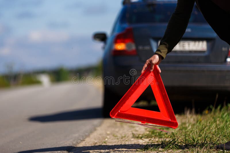 Red Warning Triangle Near Car Stock Image - Image of asphalt, fuel ...