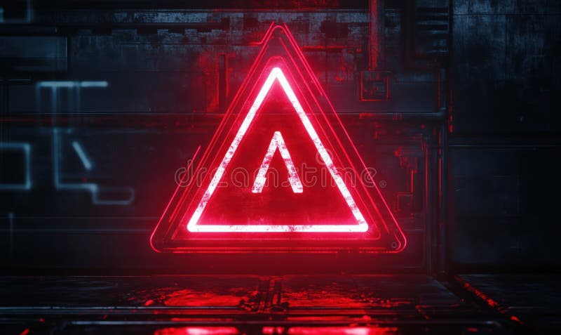 Red Warning Triangle Neon Sign, Glowing in Dark Industrial Environment ...