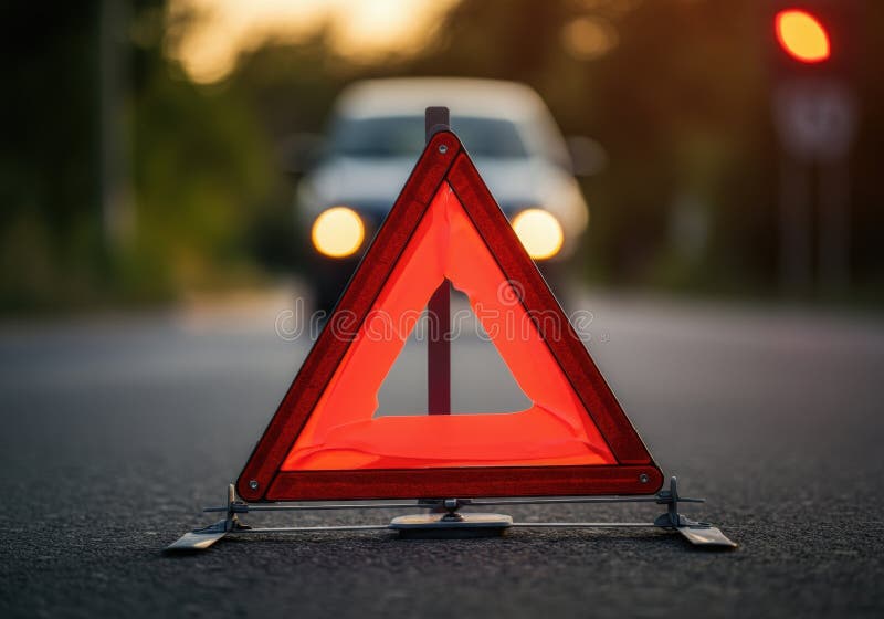 Red Warning Triangle on the Road Signaling a Vehicle Breakdown Stock ...
