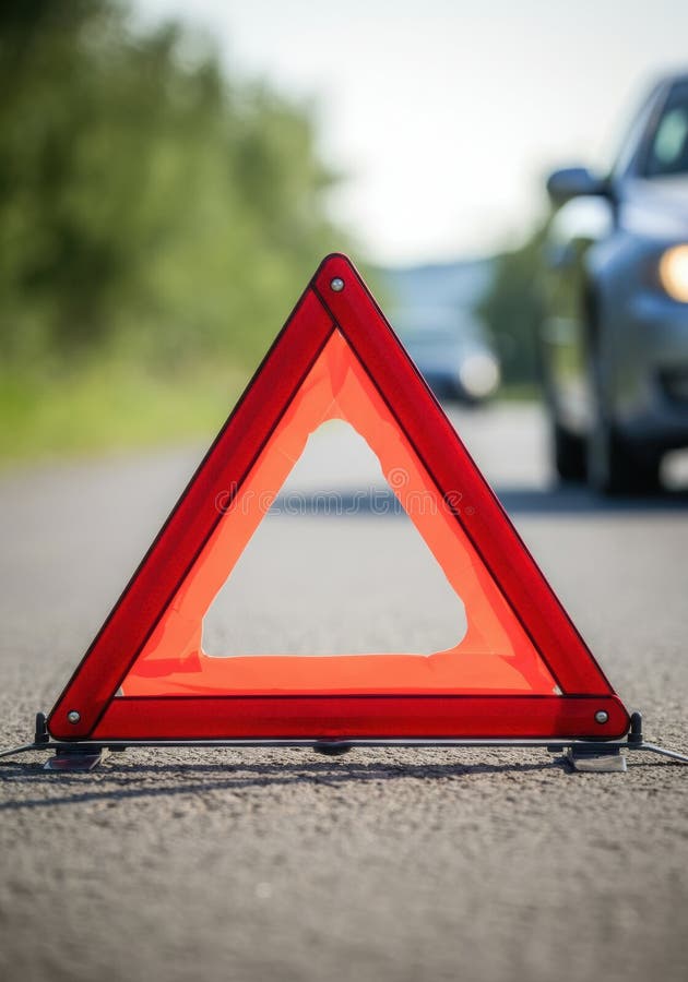 Red Warning Triangle on the Road Signaling a Vehicle Breakdown Stock ...