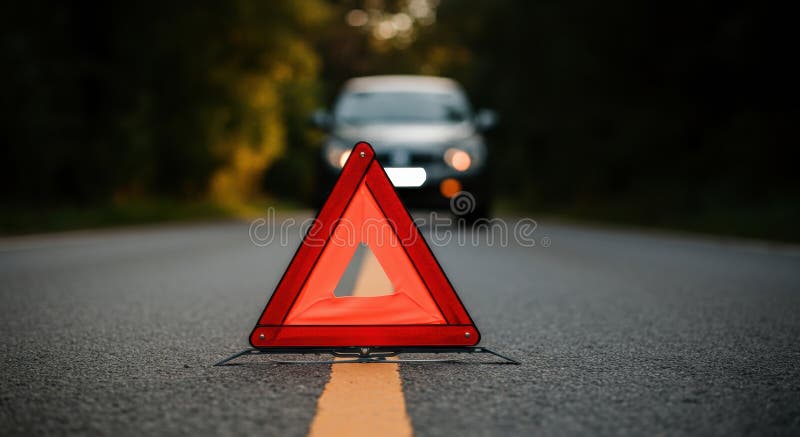 Red Warning Triangle on the Road Signaling a Vehicle Breakdown Stock ...
