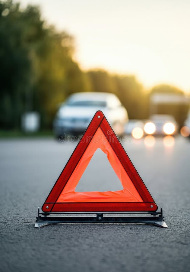Red Warning Triangle on the Road Signaling a Vehicle Breakdown Stock ...