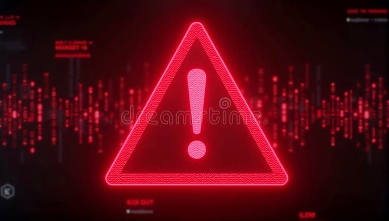 Red Warning Triangle Symbol on a Glowing Red Digital Background with a Grid Pattern, Suggesting ...