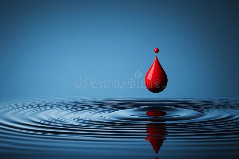 Red Water Drop Falling on Still Surface Creating Circular Ripples in ...