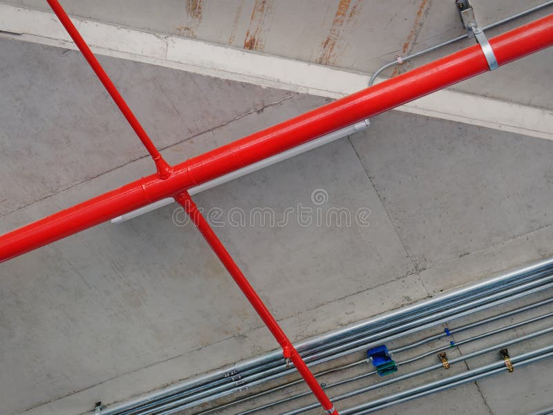 Red Water Pipes Under Ceiling for Fire Prevention System Stock Photo ...