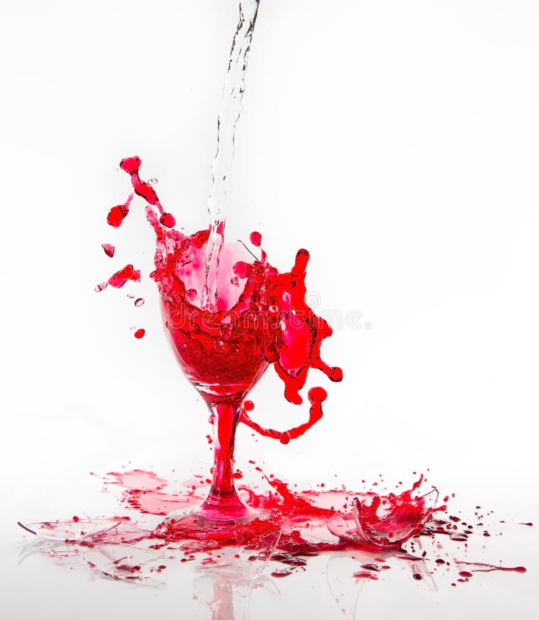 Red Water Spill from a Broken Wine Glass on a White Background Stock ...
