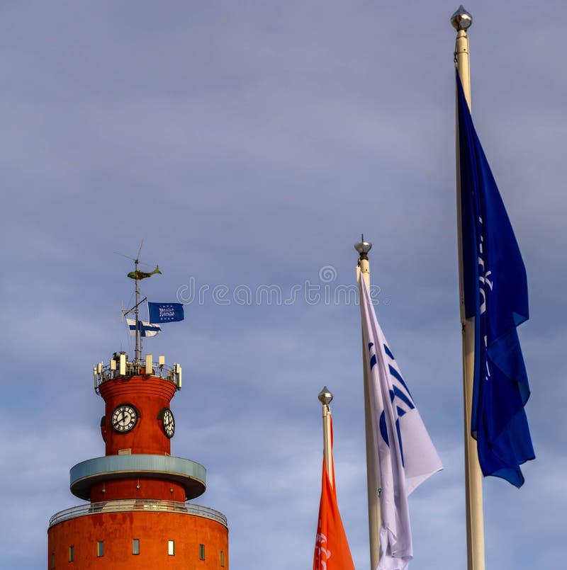Red Water Tower with Clock Hanko Finland Flag Stock Image - Image of ...