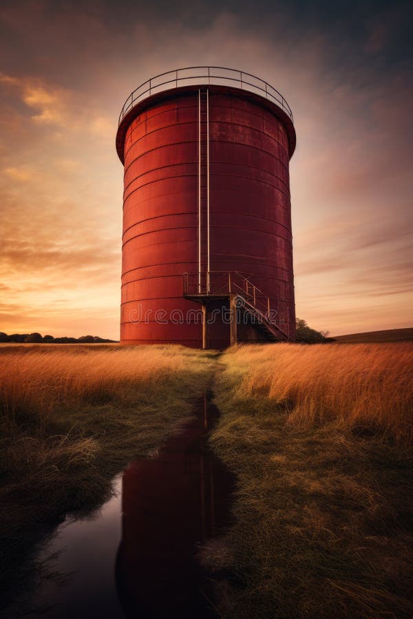 Red Water Tower Sitting in Field of Tall Grass. Generative AI Stock ...