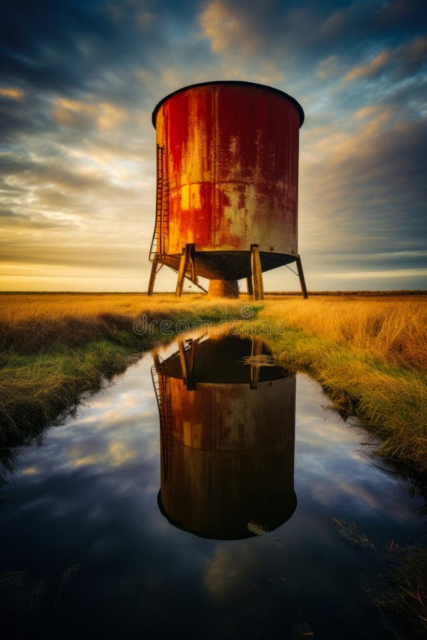 Red Water Tower Sitting on Top of Grass Covered Field. Generative AI ...