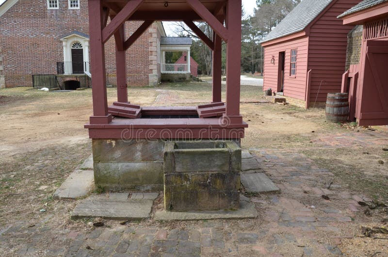 Red Water Well and Buildings with Red Brick Building Stock Image ...