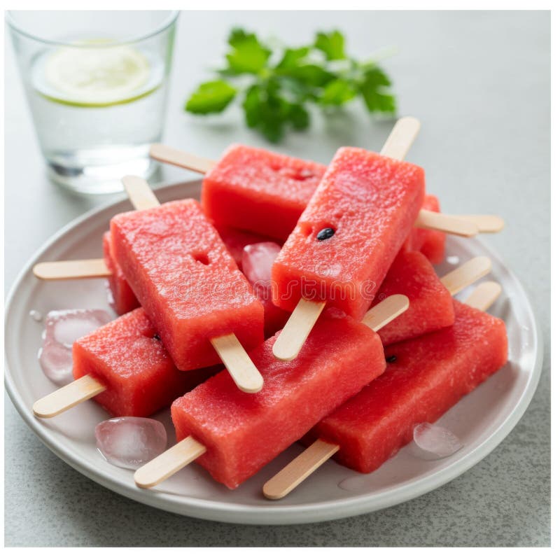 Red Watermelon Popsicles on Plate with Ice Stock Illustration ...