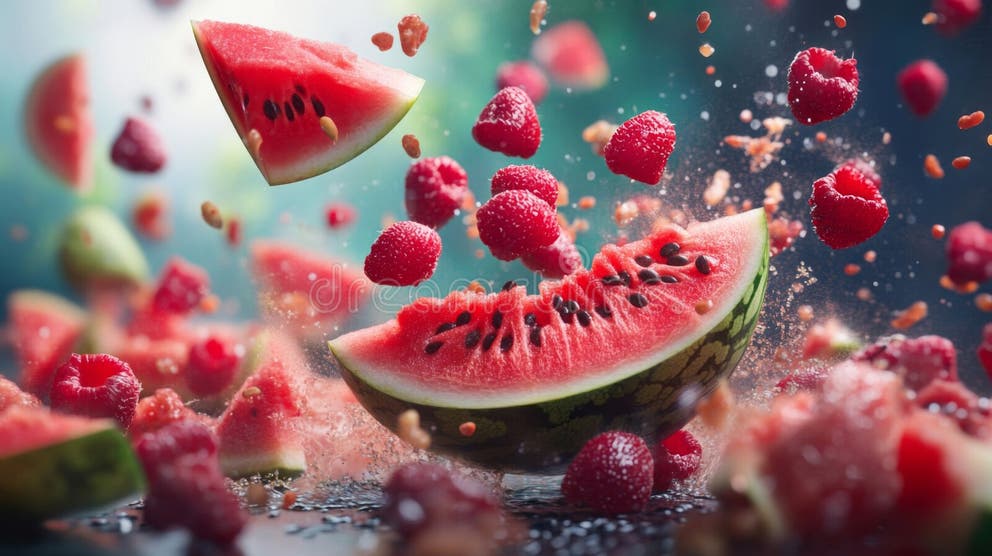 Red Watermelon and Raspberries Summer Fruit Splash Stock Illustration ...