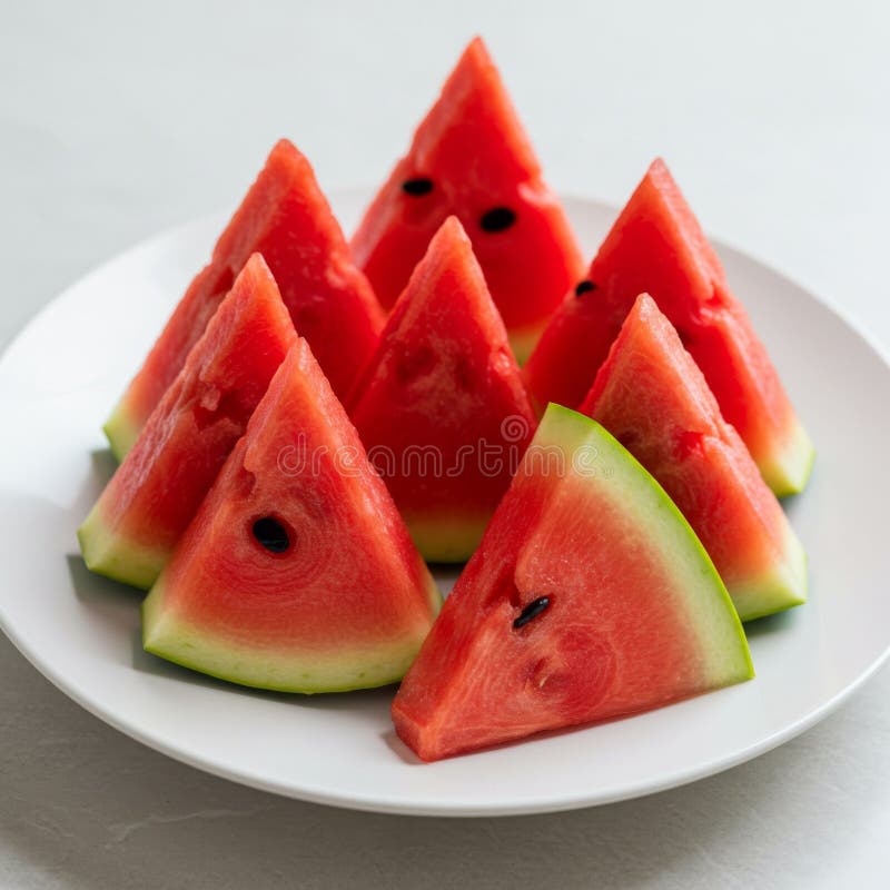 Red Watermelon Slices on White Plate Stock Illustration - Illustration ...