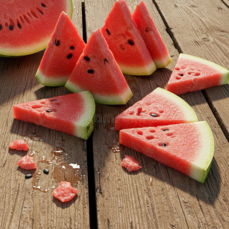Red Watermelon Slices on Wooden Surface Stock Illustration ...